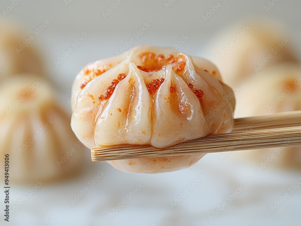 A floating set of chopsticks holding a dumpling ag 547 food, baked ...
