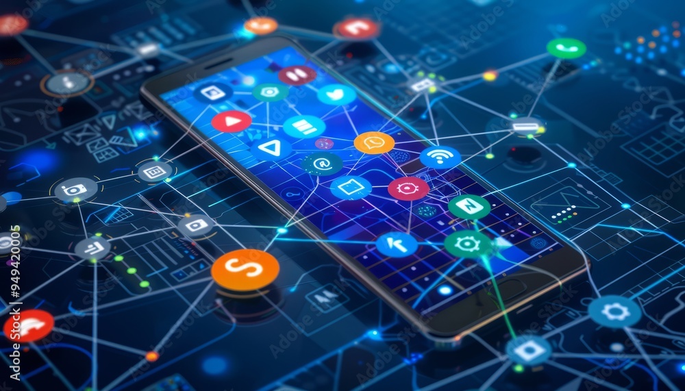Smartphone with interconnected app icons and data streams, symbolizing ...