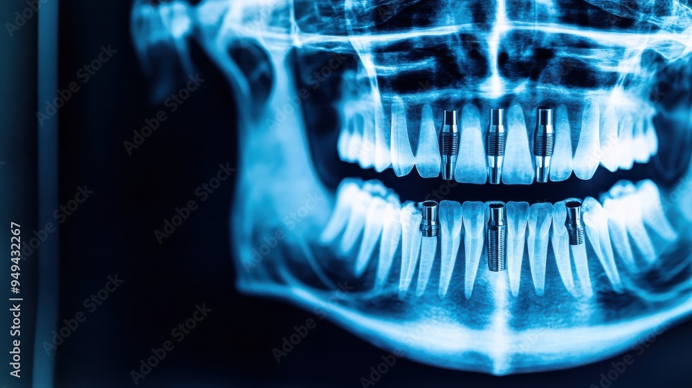 Detailed X-ray image showing dental structure and implants in a human ...