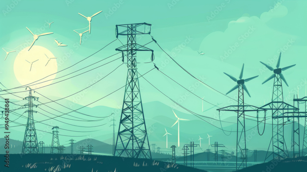 Illustration of an electric grid with wind turbines and power lines ...