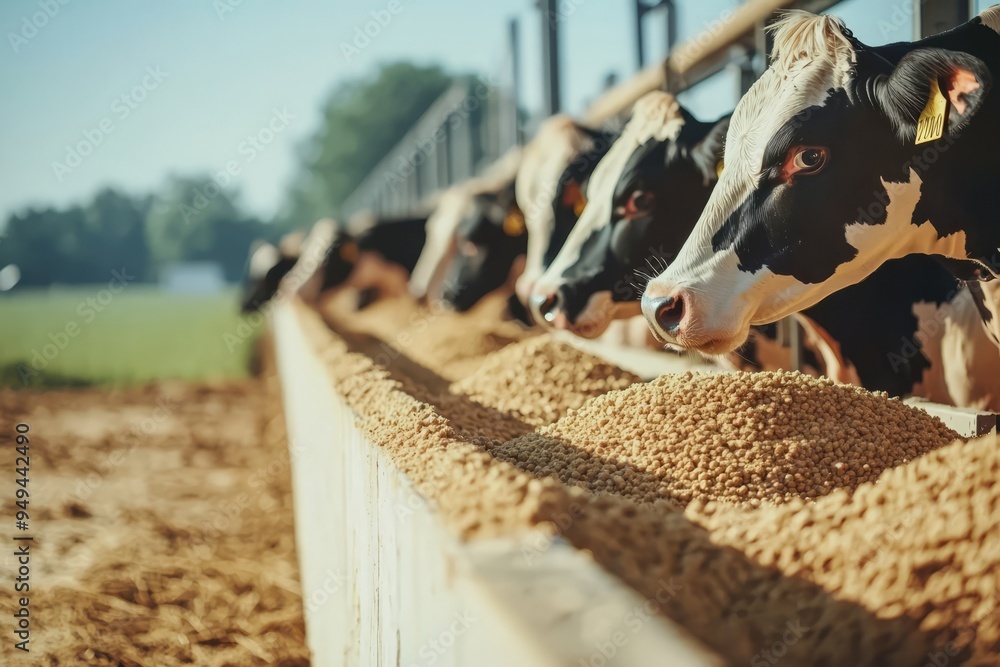 Automated feeding system in a dairy farm with cows lined up for feeding ...