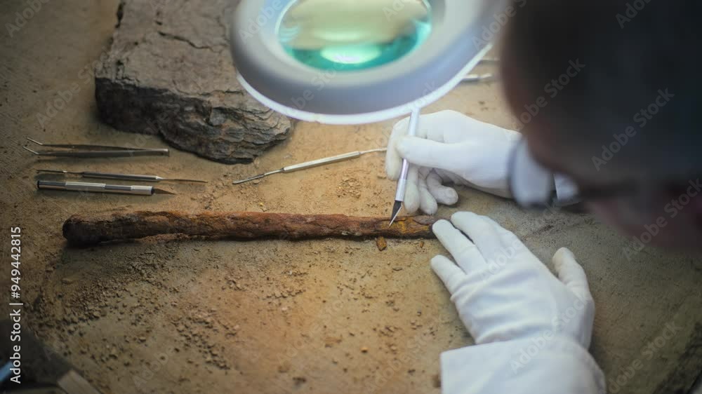 Senior archaeologist cleans fossil remains of ancient wooden spear ...