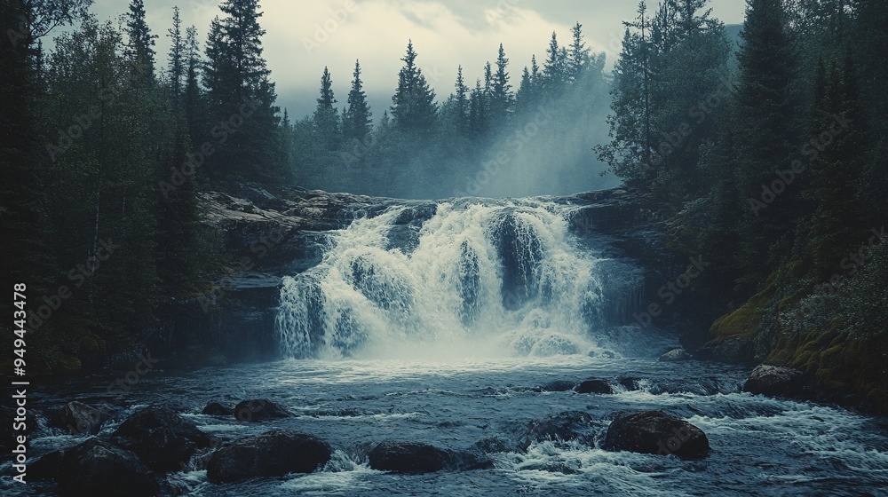 Scenic mountain rainforest waterfall with swift water and rocky terrain ...