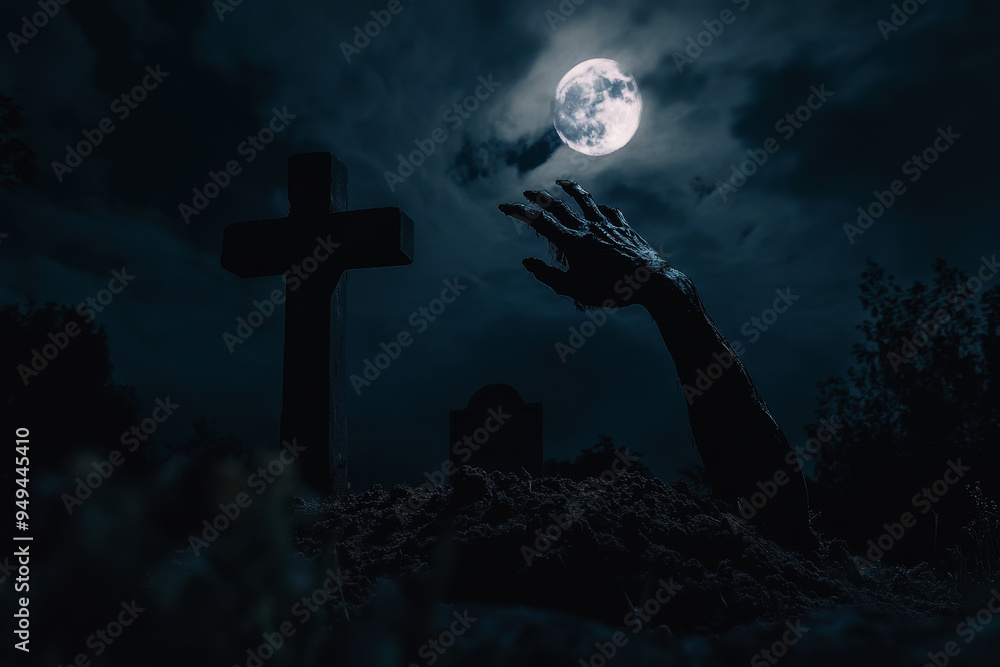 Zombie skeleton hand rising from a grave with Christ cross in a church ...