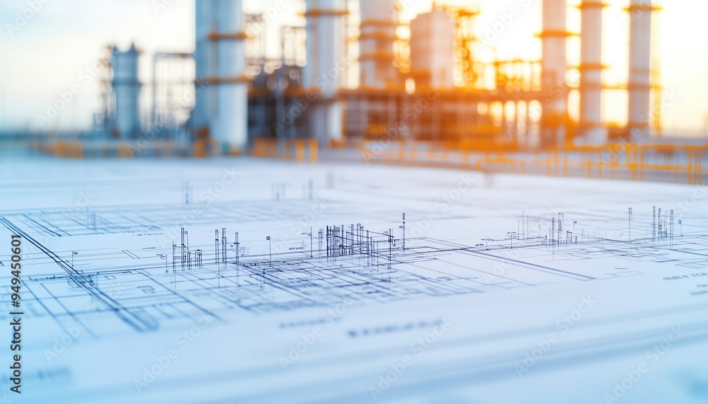 Blueprint of a massive industrial complex, with detailed annotations ...