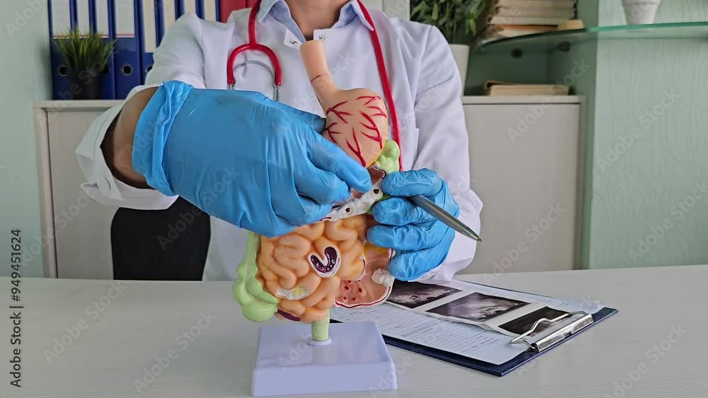 Gastrointestinal tract. Hands of doctor gastroenterologist ...