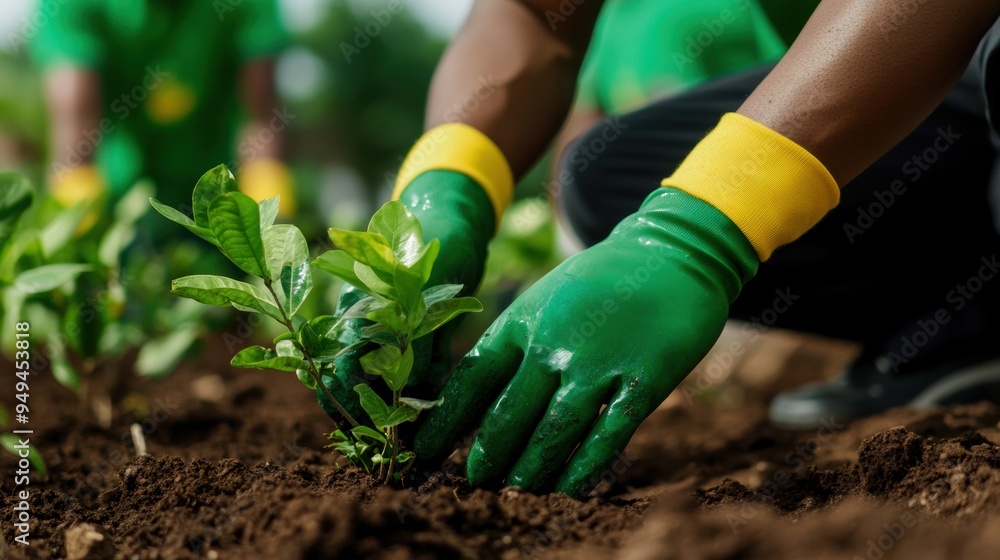 Employees cheerfully planting trees during a community clean-up event ...