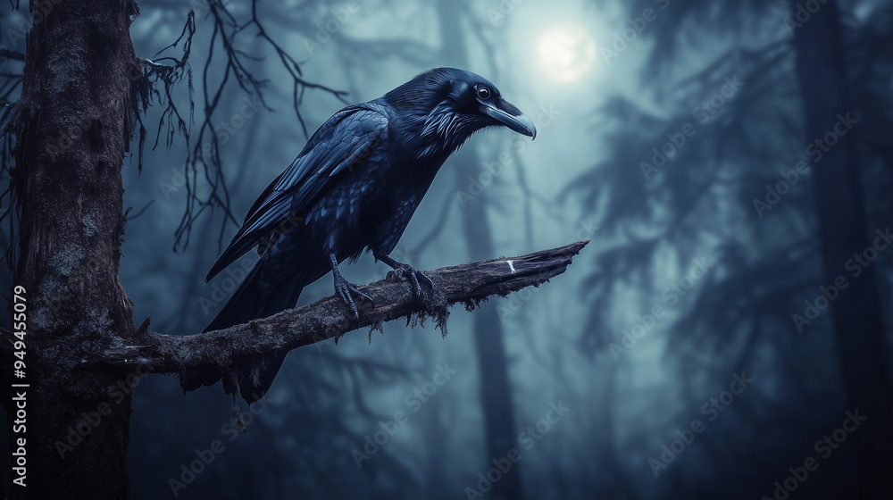 Raven perched on a dry tree branch, glossy black feathers with sharp ...