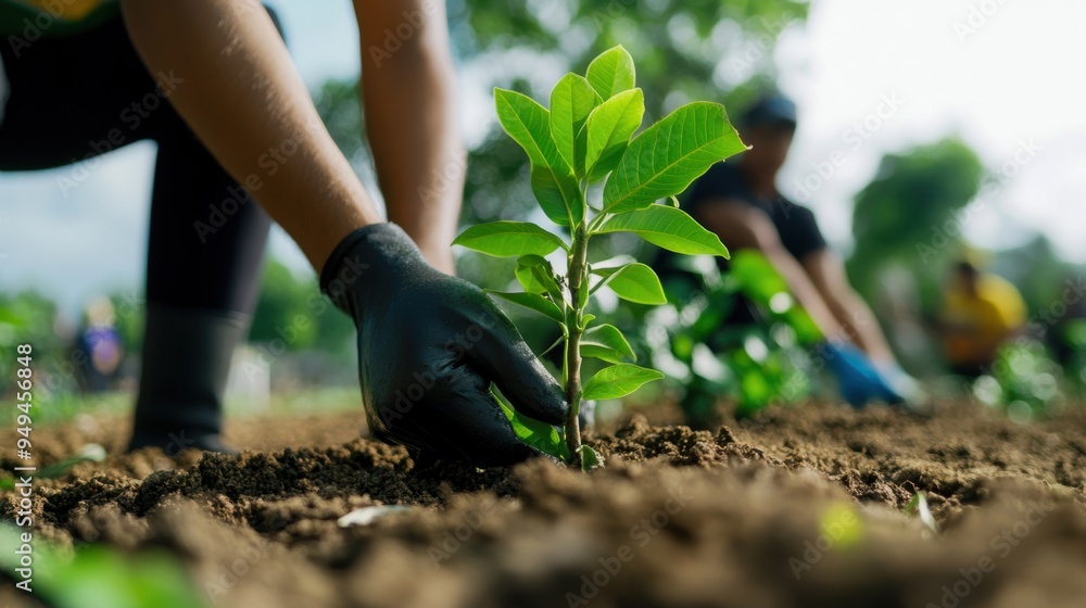 Employees cheerfully planting trees during a community clean-up event ...