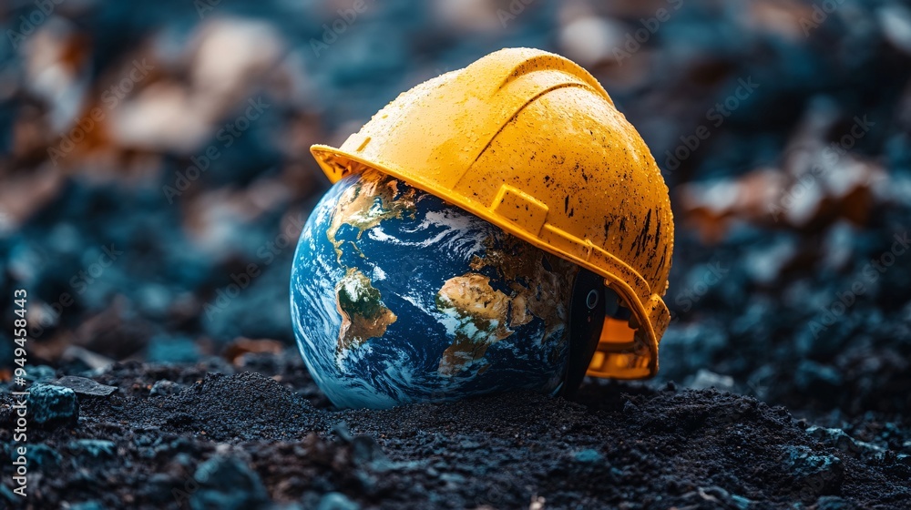 Helmet and Earth symbolizing workplace safety and health, highlighting ...