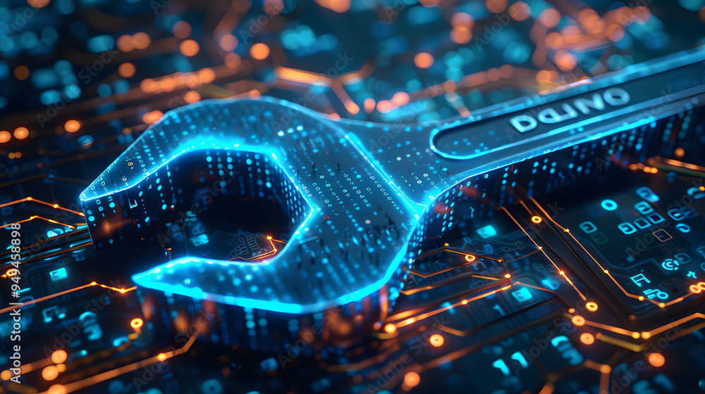 blue digital wrench spanner with glowing binary code, AI in maintenance ...