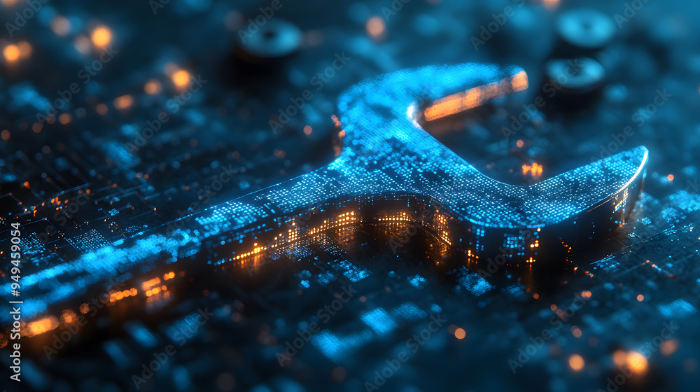 blue digital wrench spanner with glowing binary code, AI in maintenance management systems ...