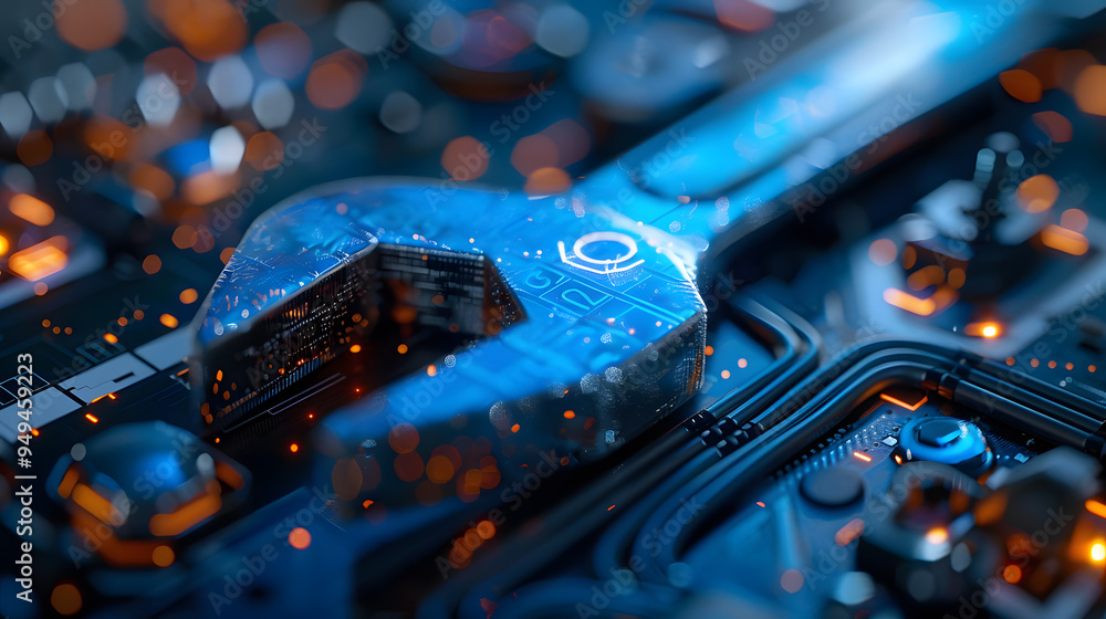 blue digital wrench spanner with glowing binary code, AI in maintenance management systems ...