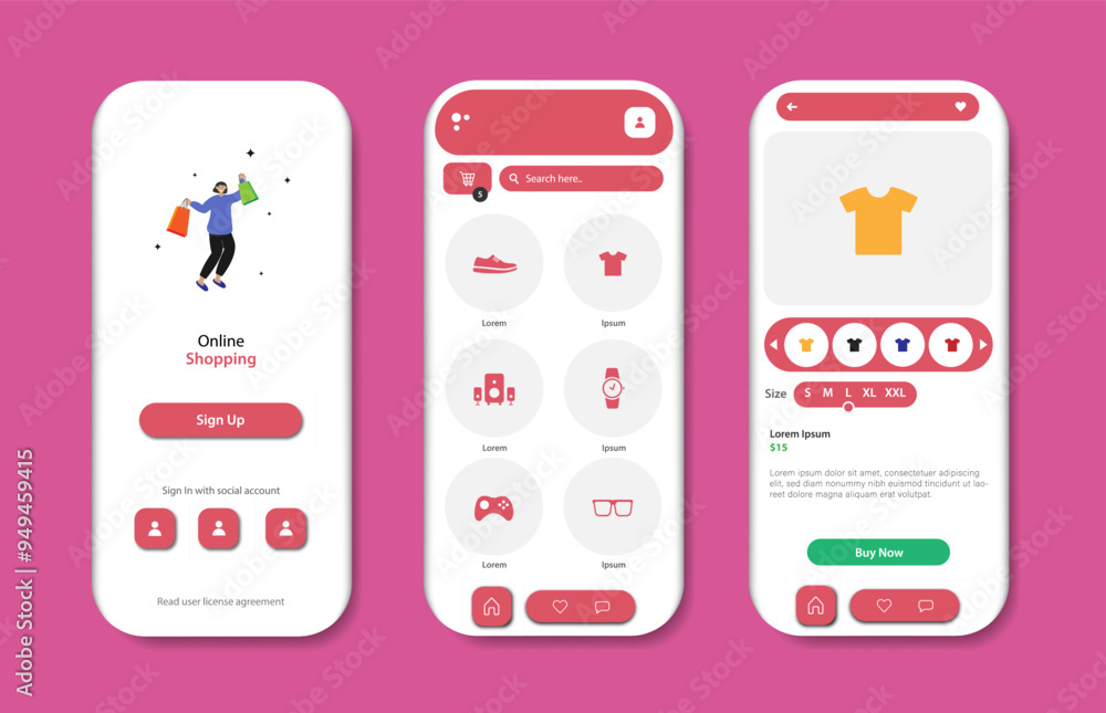 Online shopping design for mobile app. Shopping platform screens with product. Graphical user ...