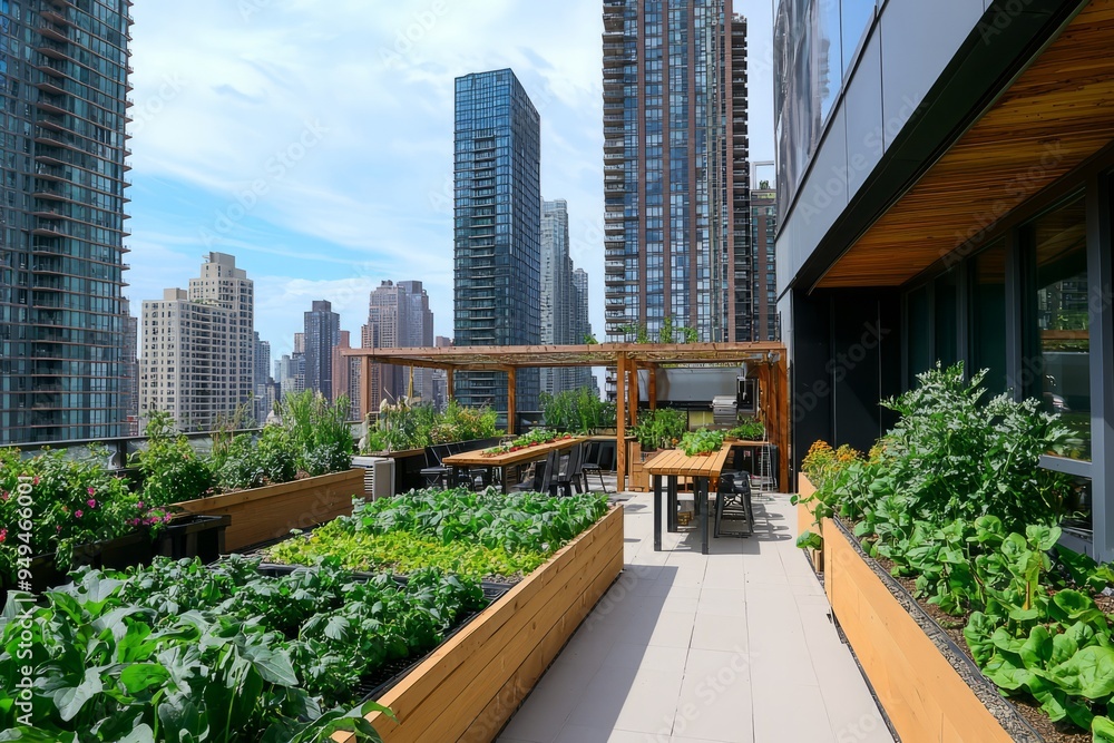 Rooftop farm with a small outdoor seating area and lush greenery. High ...