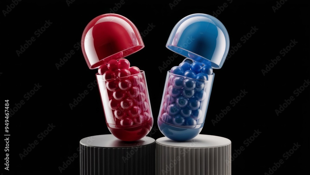 Two medical pills, red and blue drug gel capsules isolated on black ...