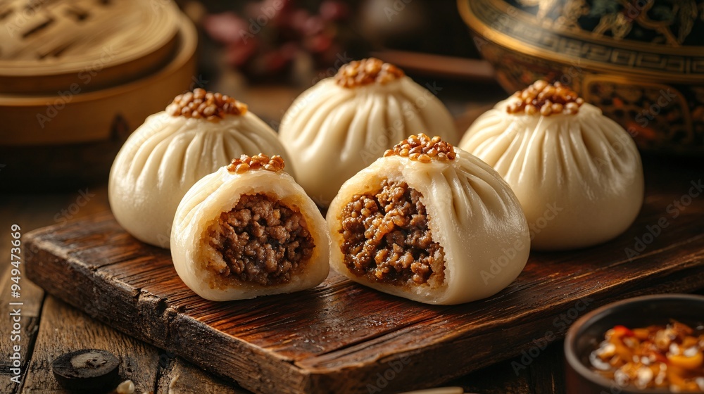 Four steamed buns with meat filling on a wooden table, one halved to ...