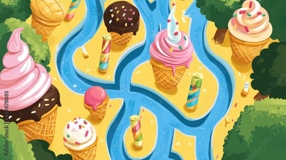 Round maze for kids featuring a fun ice cream theme Engaging puzzle ...