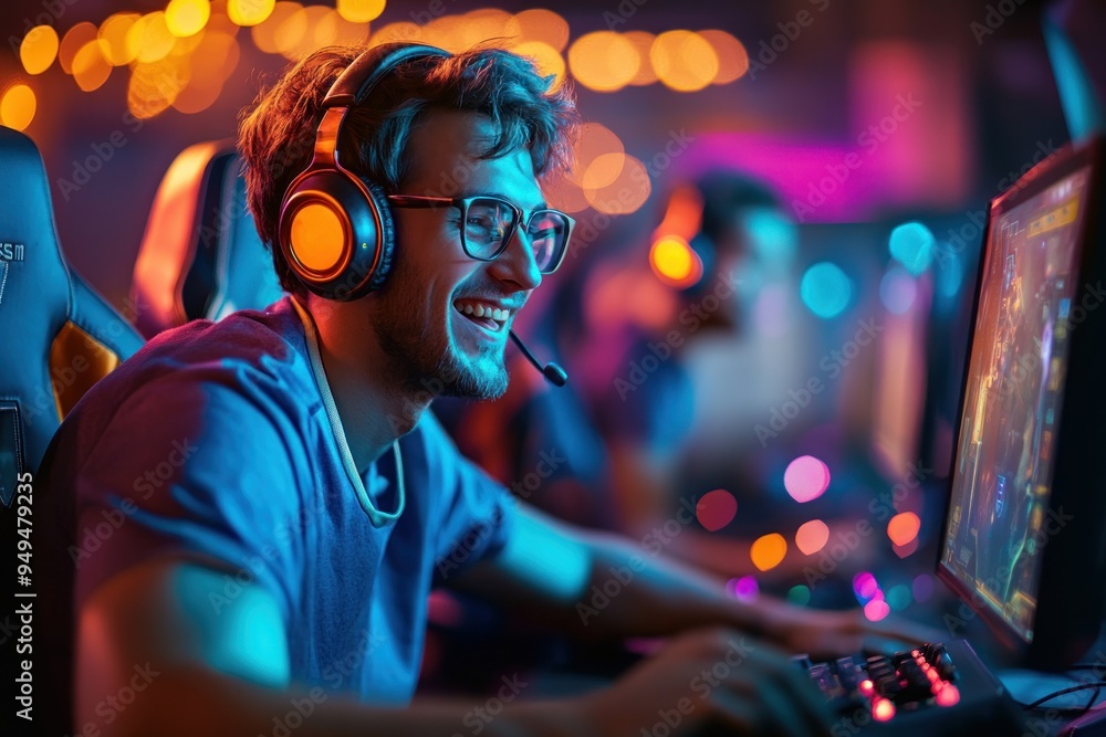 Tech-savvy gamer immersed in a high-stakes video game session with ...