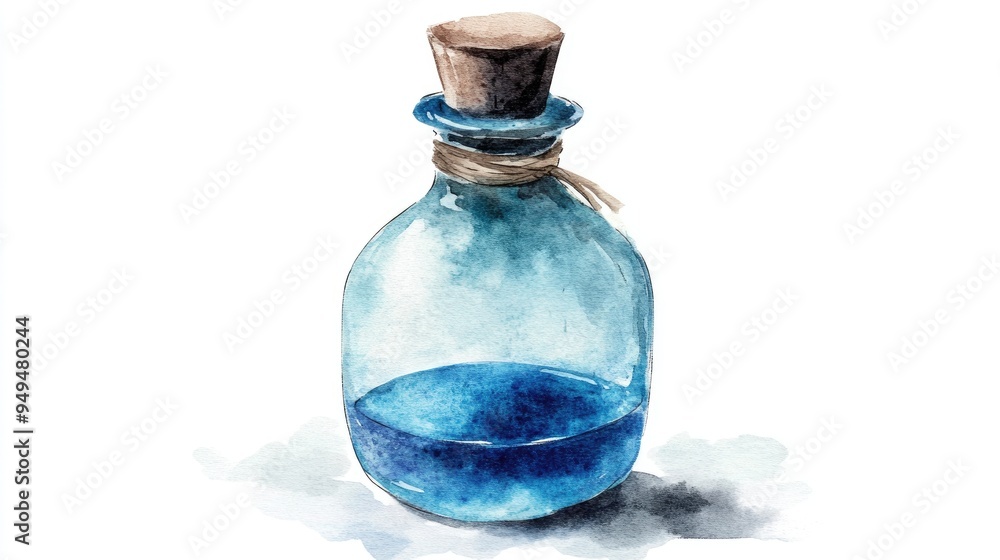2D cartoon style watercolor illustration of a glass bottle containing a ...