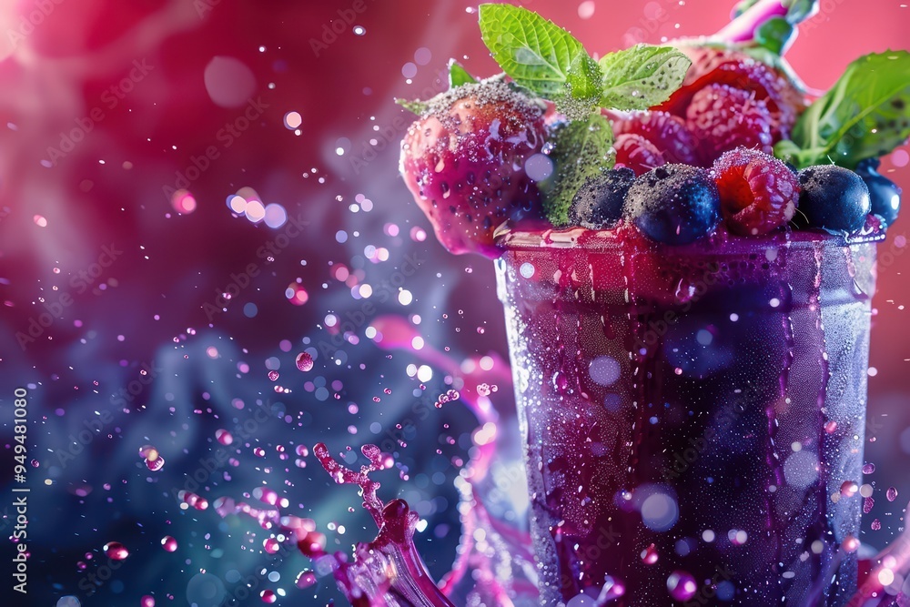 Acai smoothie with fresh fruits is shown in a highspeed taste splash ...