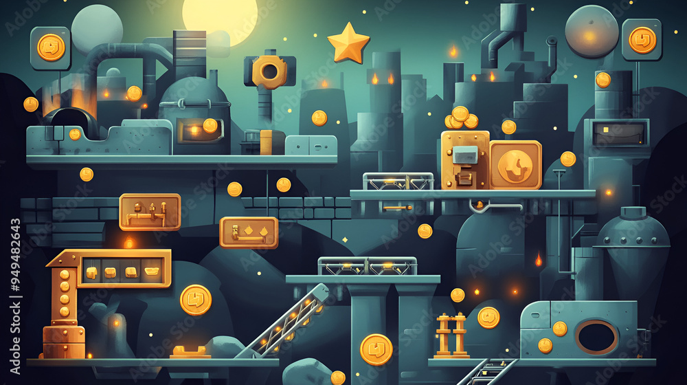 A retro arcade game level map interface with underground factory ...