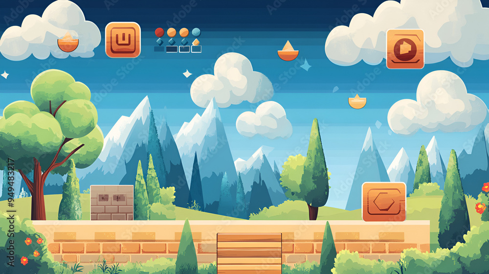 Pixel art game background with button level up. Game design concept in ...
