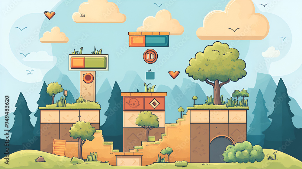 Pixel art game background with button level up. Game design concept in ...