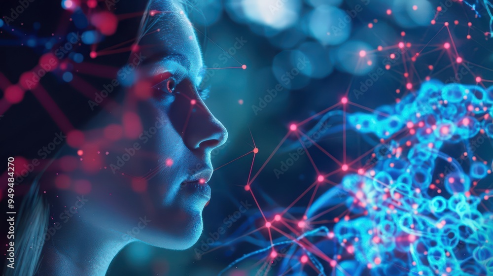 Endocrinology focus featuring illuminated HUD icon of hormone pathways ...