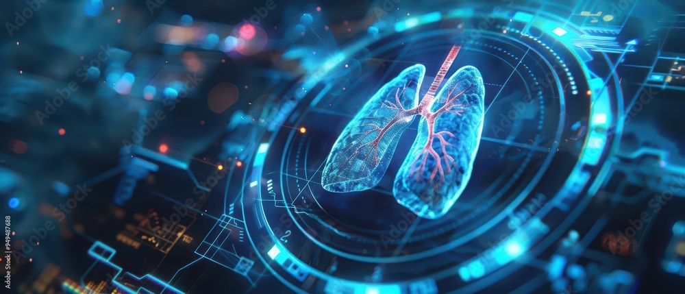 Pulmonology focus featuring illuminated HUD icon of lungs Hightech ...