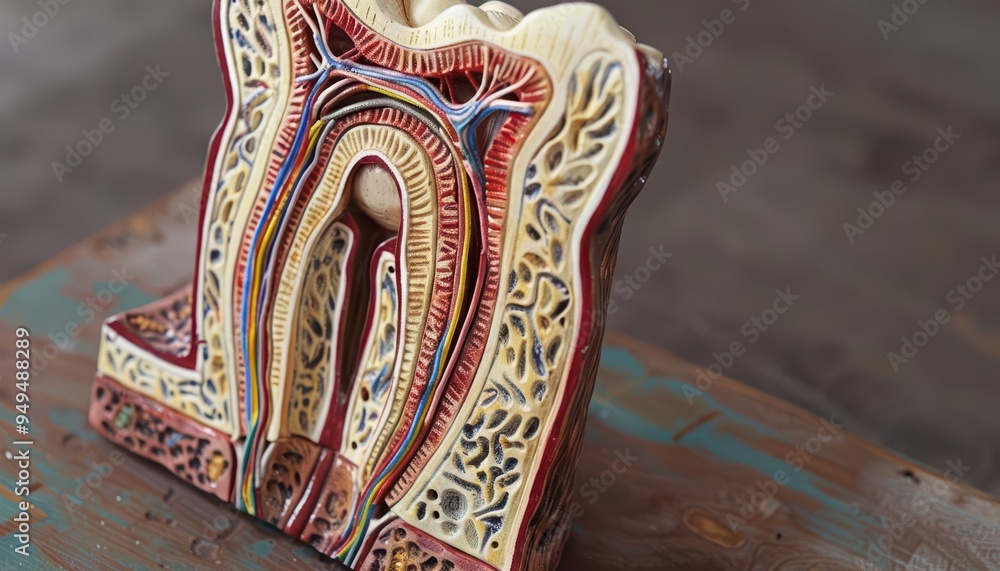The anatomy of a tooth is meticulously depicted in a cross section ...