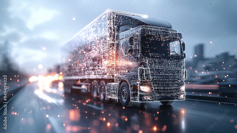 Innovative Logistics Network: Double Exposure of Delivery Truck on Busy ...