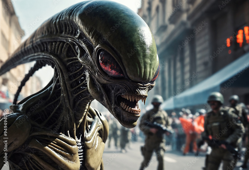 Alien screeches in a city, invasion, first contact, angry alien monster ...