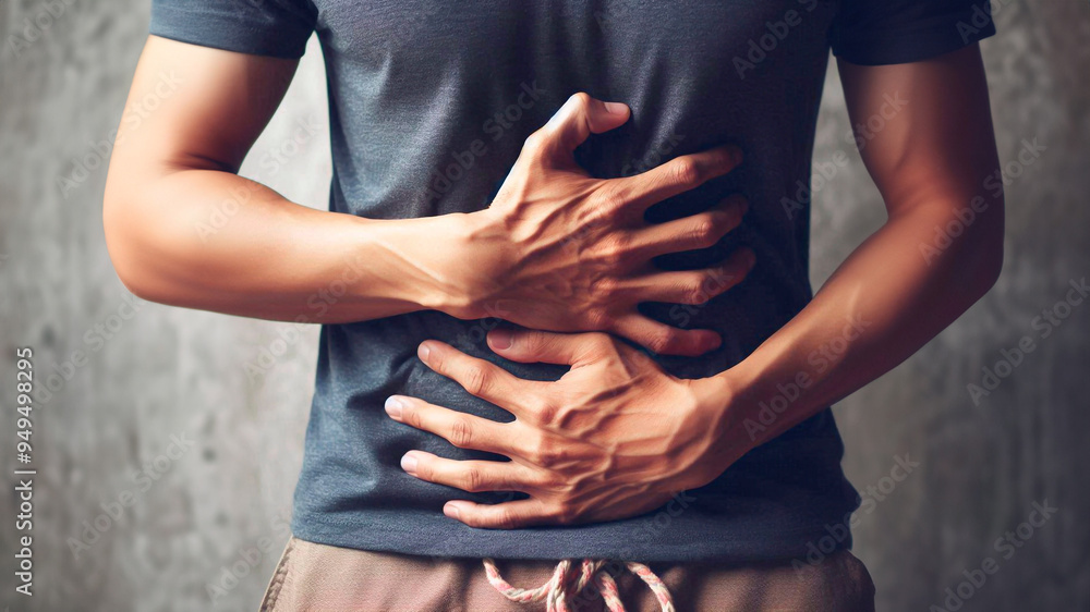 Man holding his sick stomach close up, concept of food poisoning ...