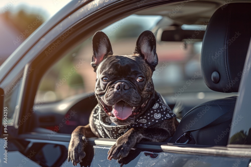 A joyful dog peeks out of a car window. Its expression is lively and ...