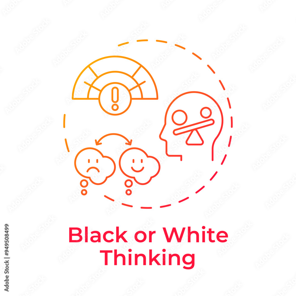 Black and white thinking red gradient concept icon. Negative thinking, positive thoughts. Round ...