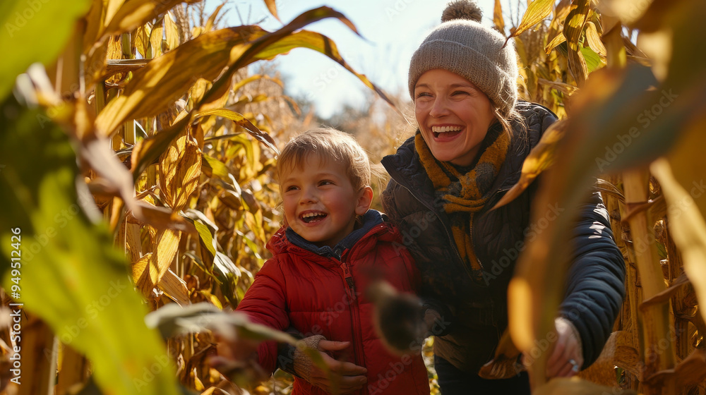 Mother and her child navigating through a tall corn maze, laughing as ...