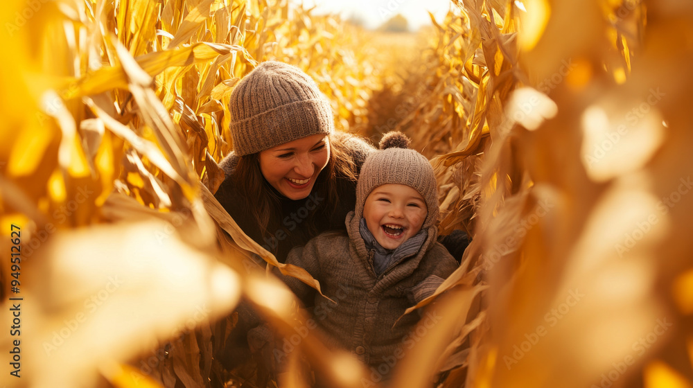 Mother and her child navigating through a tall corn maze, laughing as ...