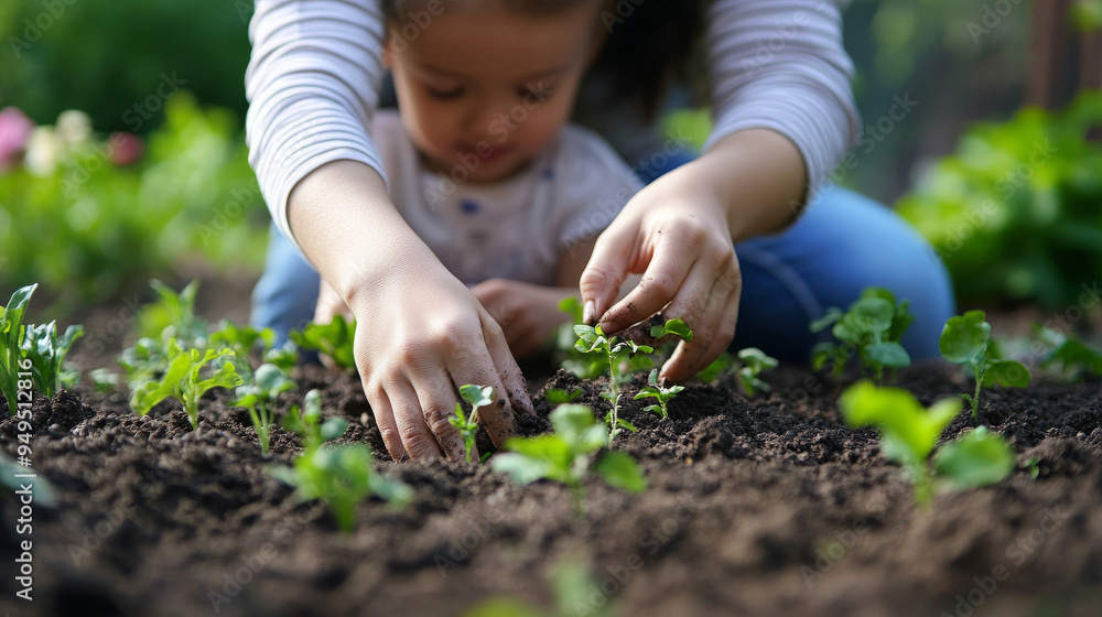 Mother and her child planting seeds together in their backyard garden ...