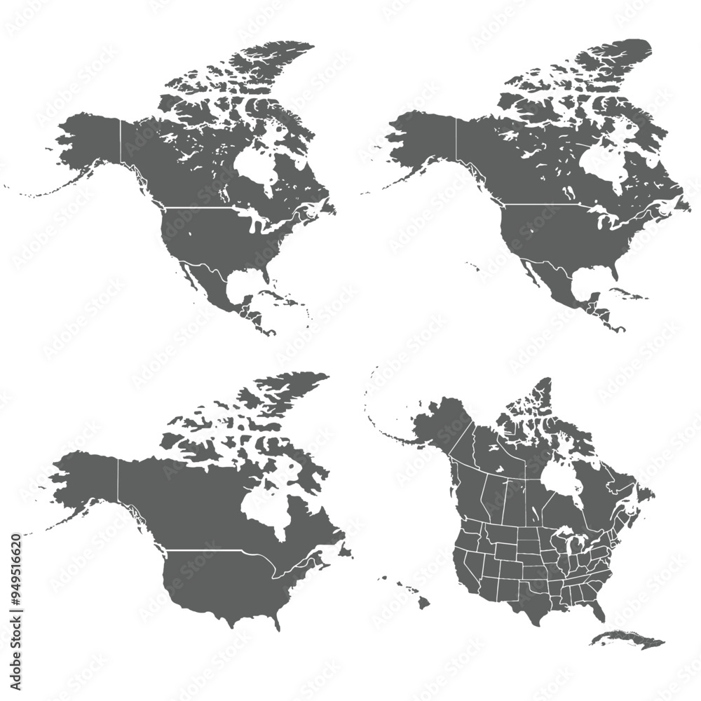 Detailed Map of North America with isolated countries.United States ...