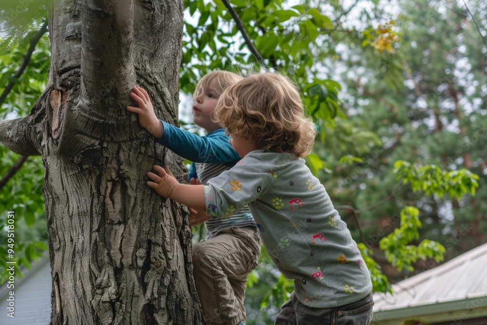 Siblings assisting each other as they climb a tree in the backyard ...