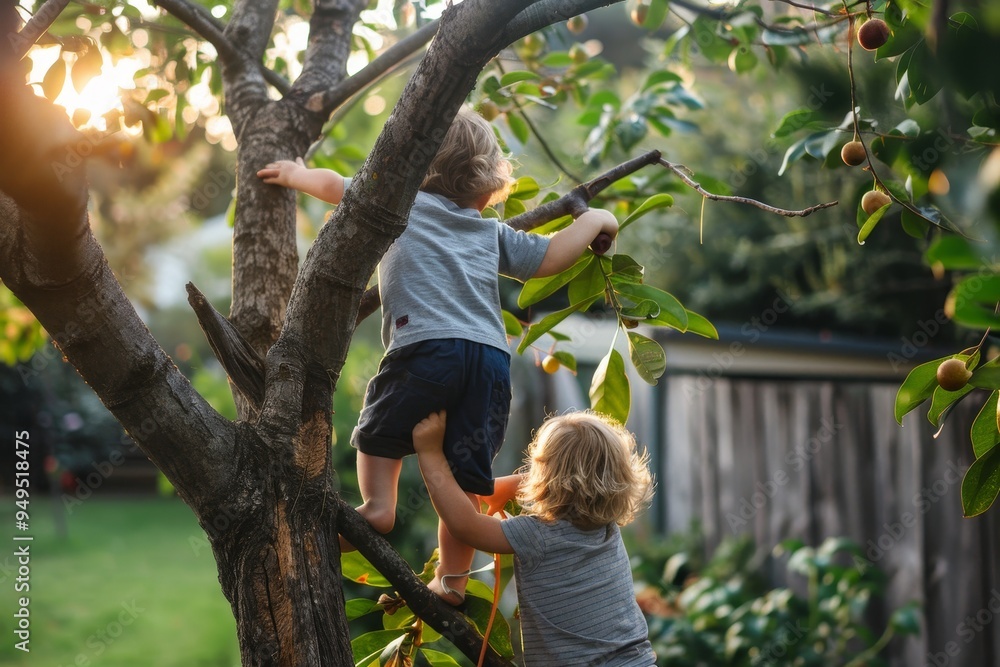Siblings are working together to climb up a tree in their backyard ...