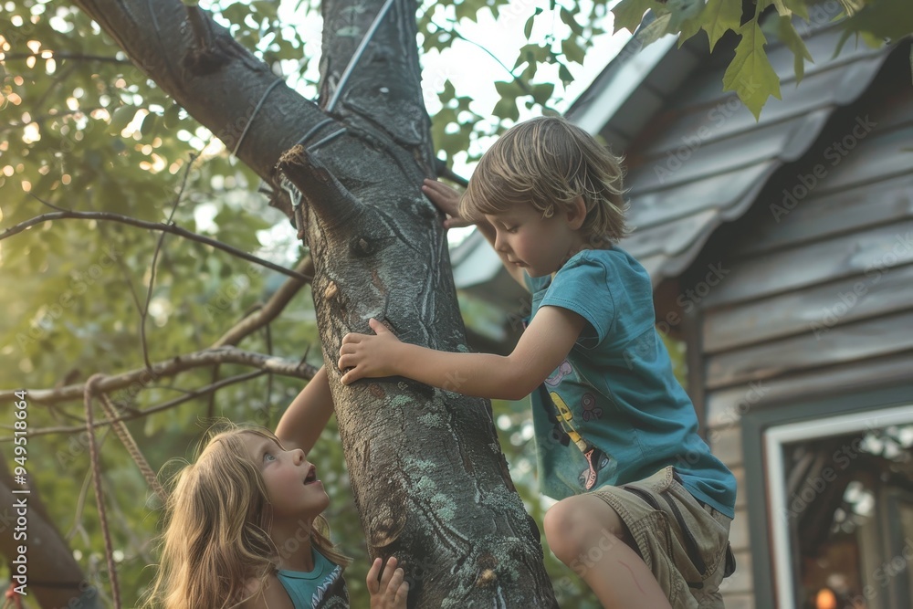 Siblings work together to climb a tree in their backyard, Siblings ...