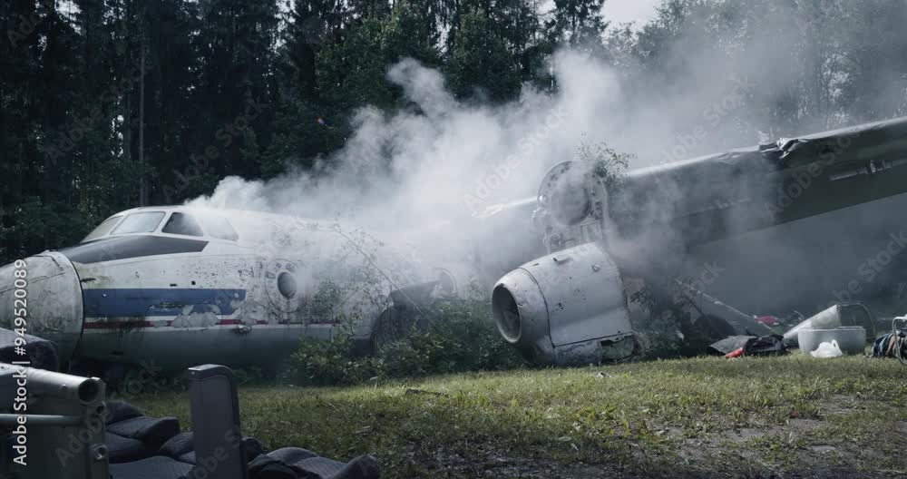 Remote Forest Airplane Crash. Crashed Airliner Lies in Ruins. Aircraft ...