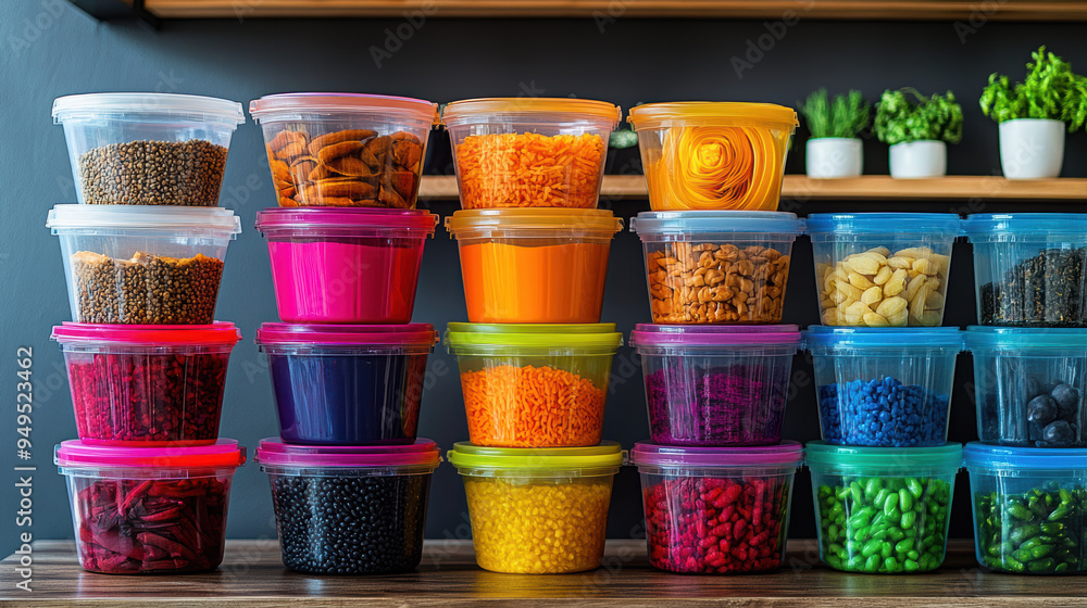 Stacks of color-coded plastic containers filled with dried food items ...