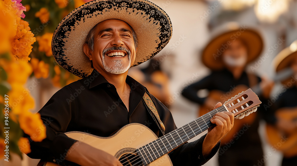 A traditional Mexican mariachi band performing in a picturesque plaza ...
