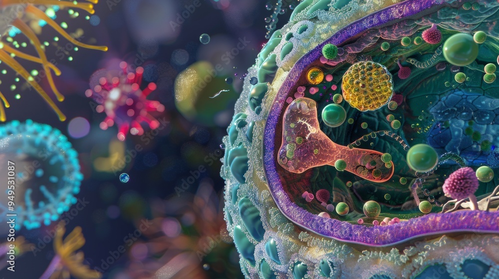 Colorful microscopic view of a cell with various organelles and ...