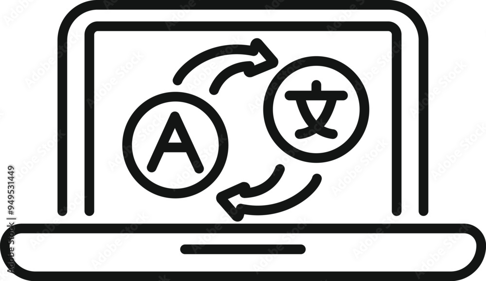 Laptop displaying language translation application with arrows ...