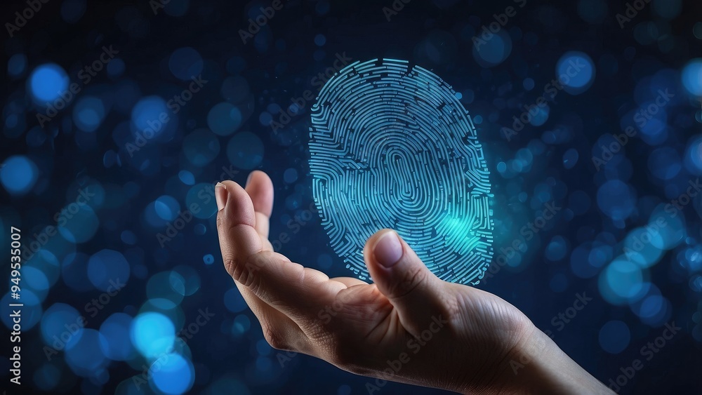 Hand engaging with a digital fingerprint hologram over a dark blue ...