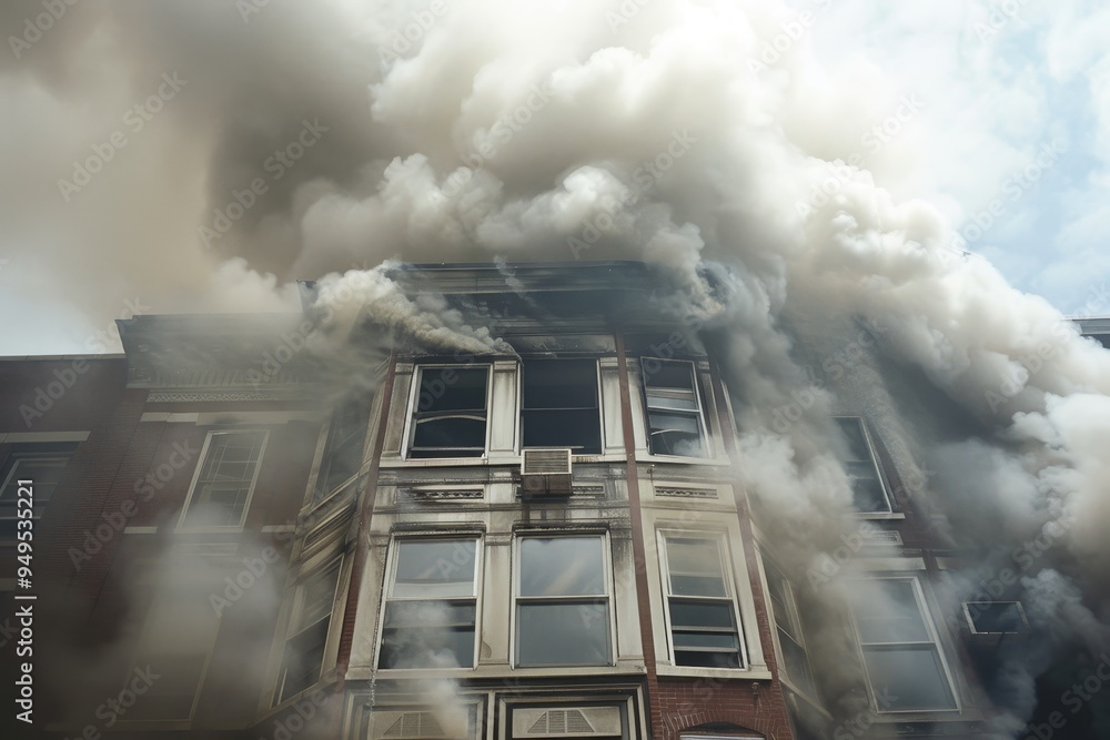 Smoke billows from windows at the top of a building as fire spreads ...